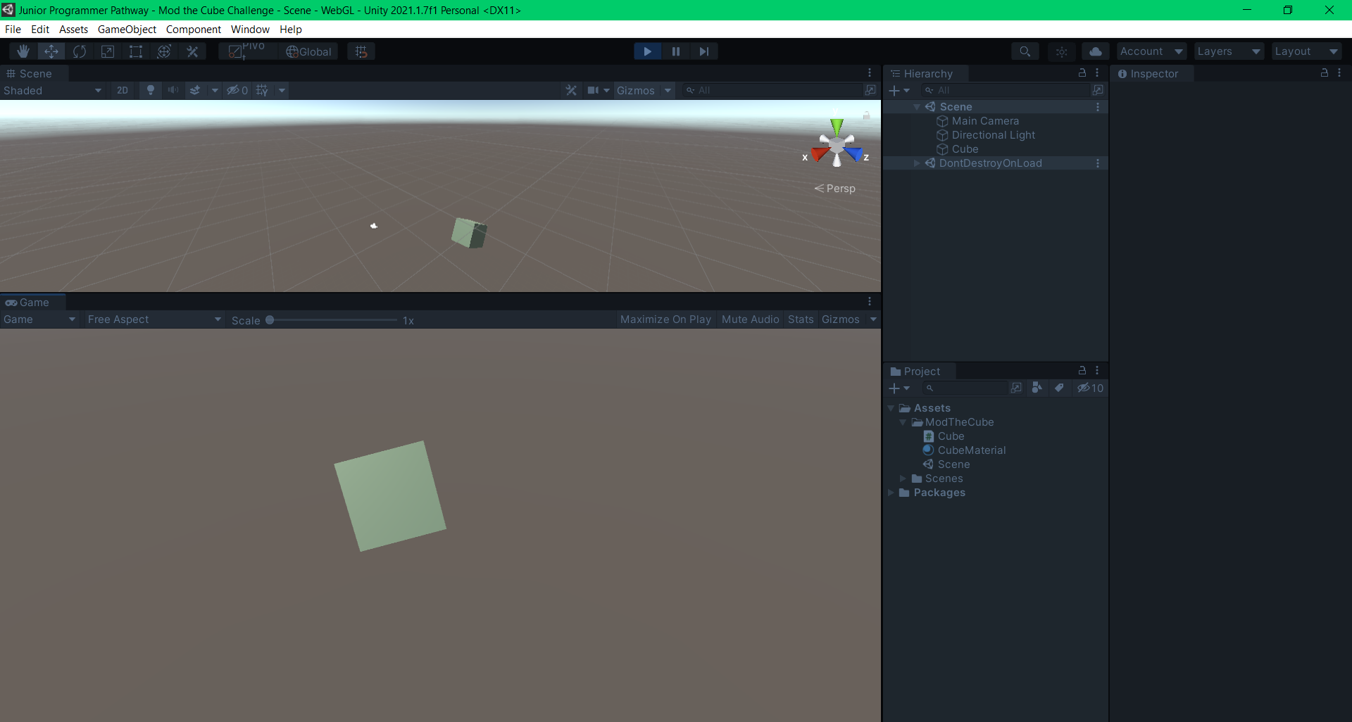 Junior Programmer Pathway - Mod the Cube Challenge - Unity Play